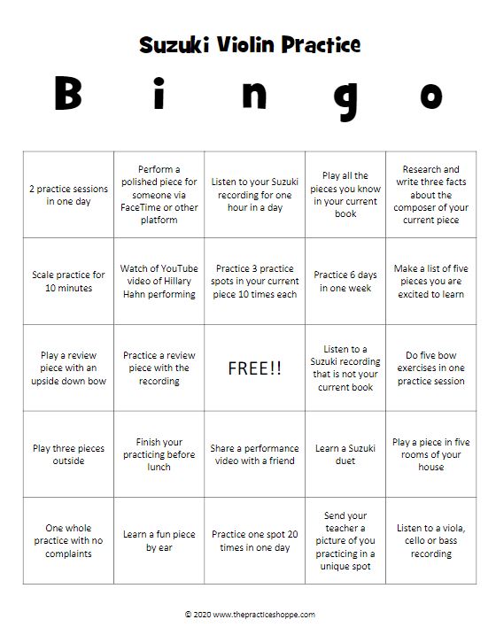 Suzuki Violin Practice Bingo (Digital Download) – The Practice Shoppe